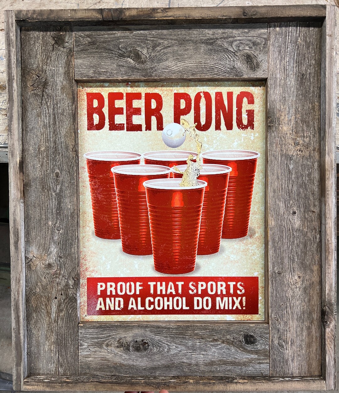 Beer Pong Tin Sign, Rustic Reclaimed Wood Double Frame - Etsy