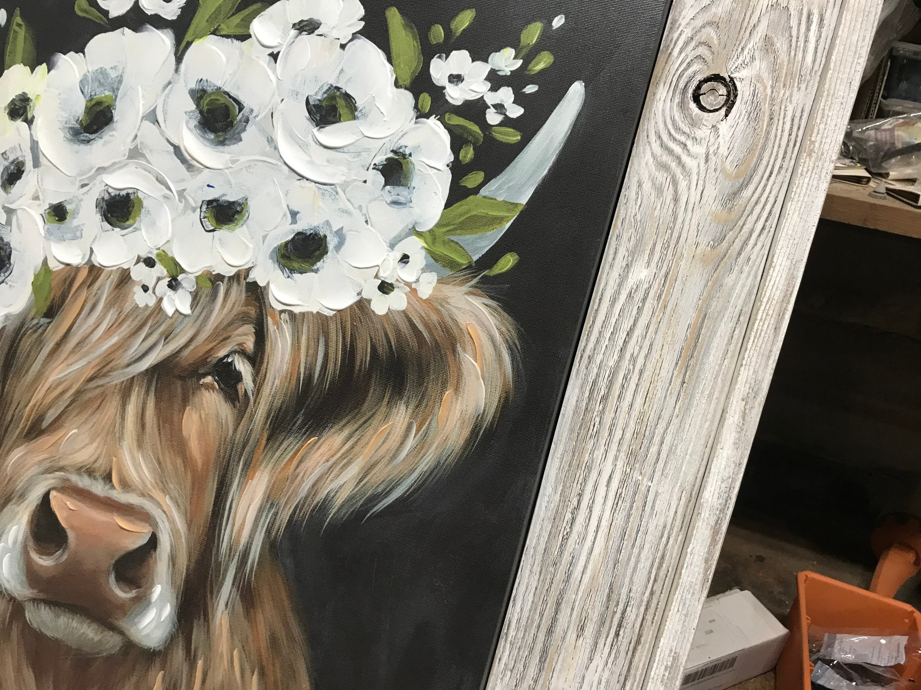 Reclaimed Wood Highland Cow Canvas Frame, Rustic Farmhouse Decor (30x30 ...