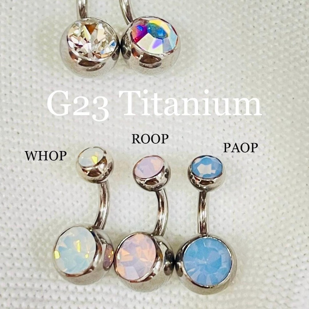 G23 Implant Grade Titanium Belly Button Ring Double Jeweled Bezel Set ...