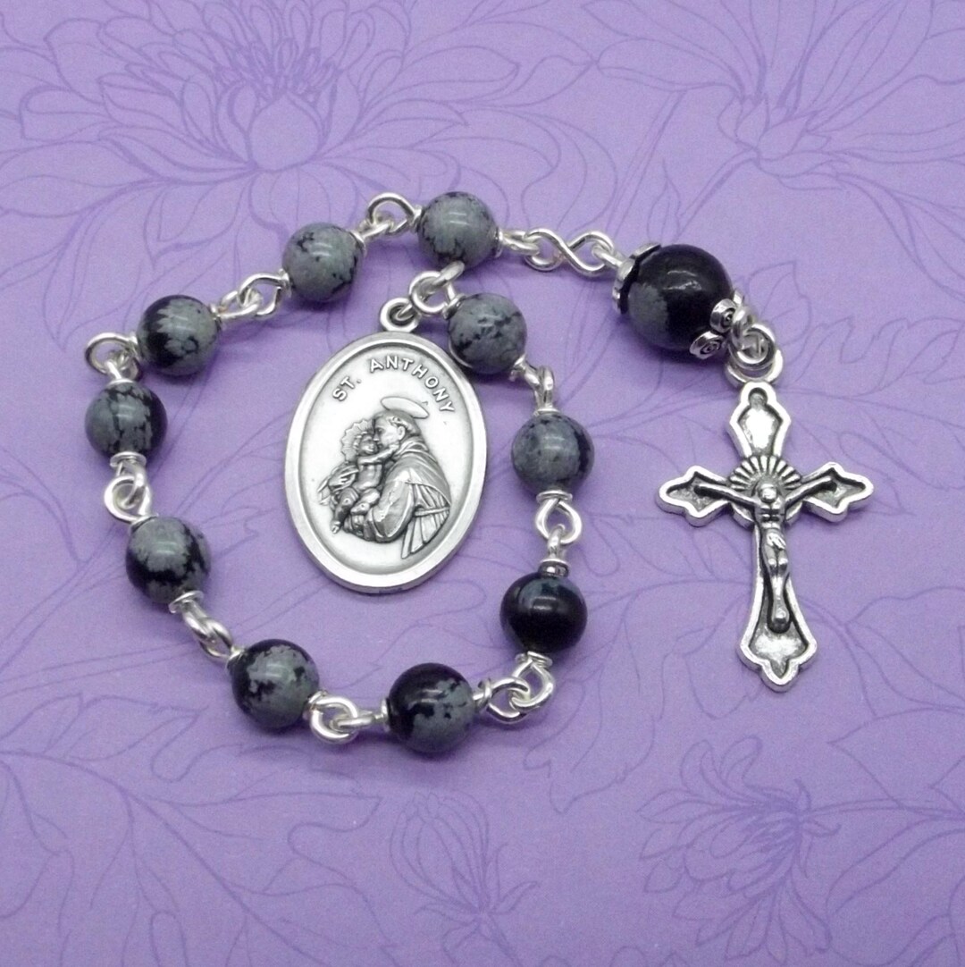 St Anthony, Snowflake Obsidian, Catholic Single Decade Rosary Beads ...