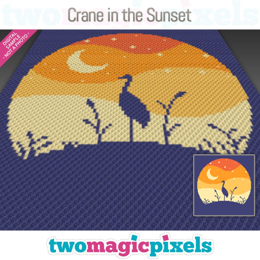 Crane in the Sunset Crochet Graph Cross Stitch; (c2c, Mini C2c, Sc, Hdc ...