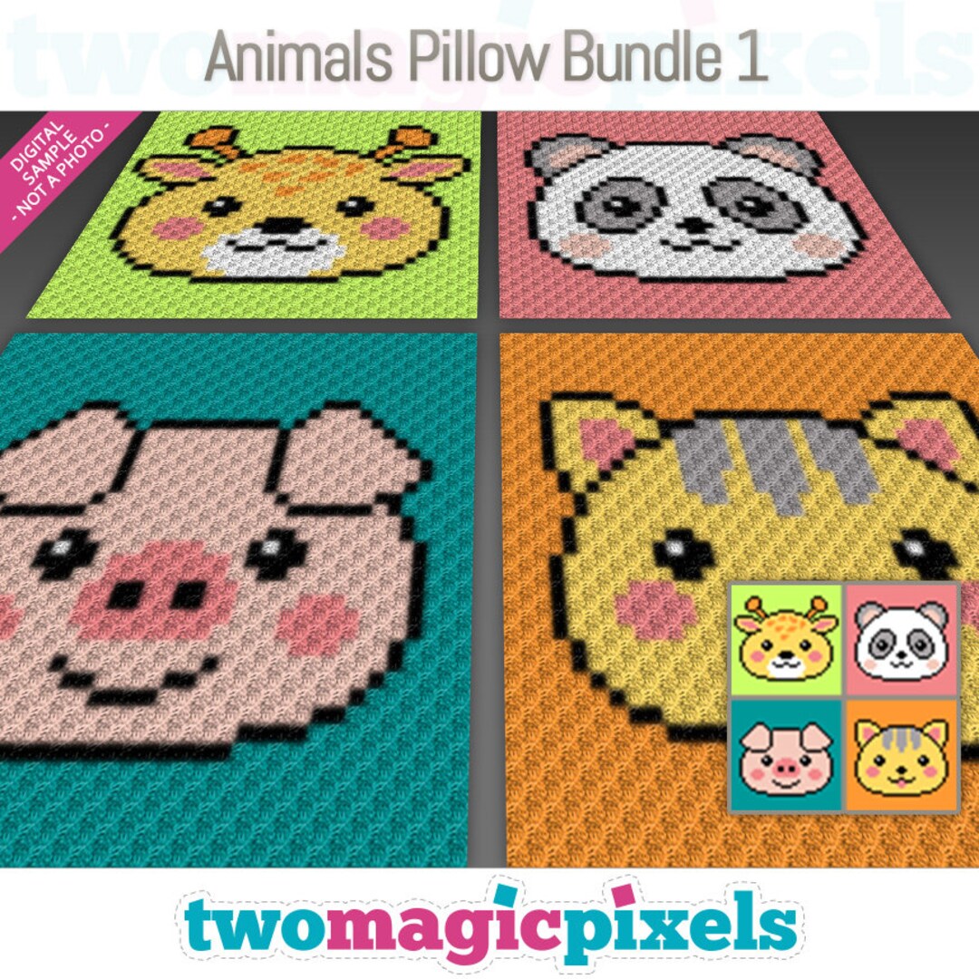 Animals Pillow Bundle 1 Crochet Graphs (c2c, Mini C2c, Sc, Hdc, Dc, Tss ...