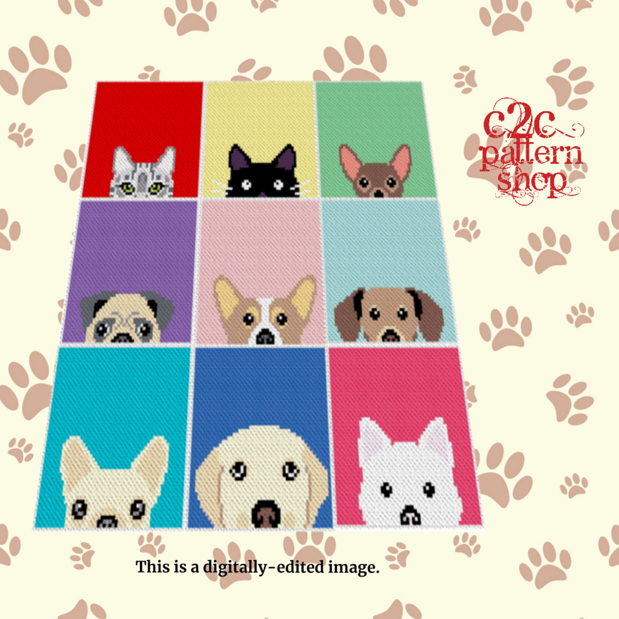 MINI C2C Dogs and Cat Crochet Pattern with 9 blocks of 51 x 51 | Etsy