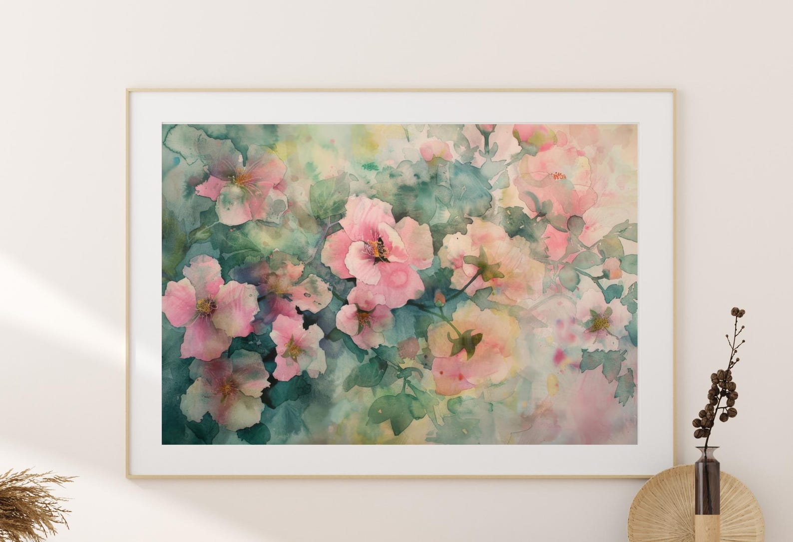 Pink Watercolor Flowers Print | Floral Landscape Print | Summer Wall ...