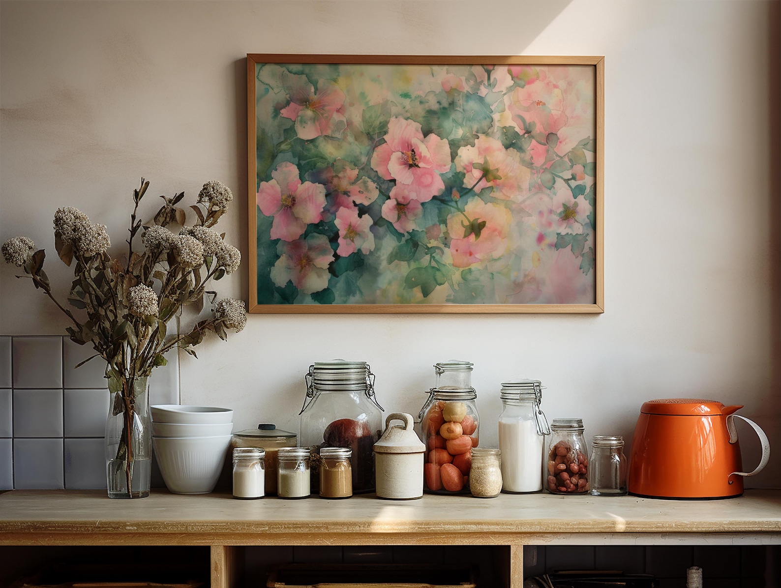 Pink Watercolor Flowers Print | Floral Landscape Print | Summer Wall ...