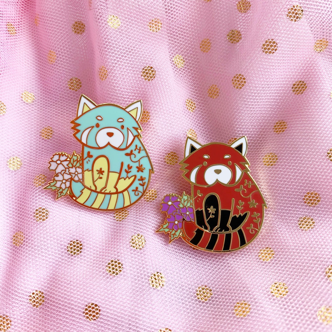 Floral Red Panda - Hard Enamel Pin - Cute Lapel Pin, Cute Red Panda ...