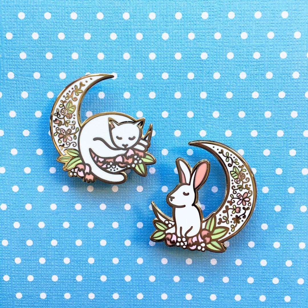 Moon Cat and Rabbit daylight Hard Enamel Cute Bunny Pin, Kawaii Cat ...