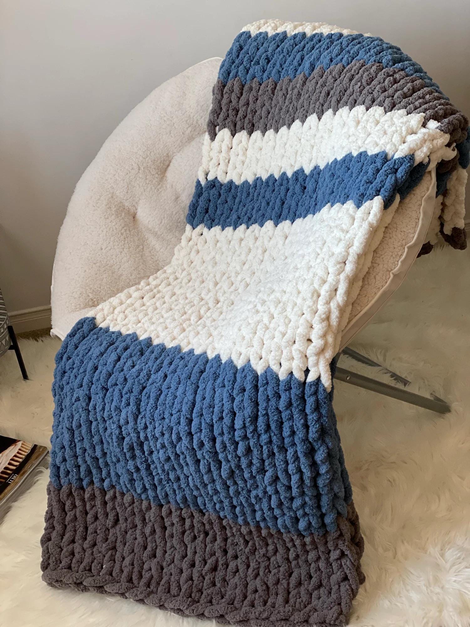 The Pablo - Blue, Grey and White Striped Chunky Chenille Blanket ...