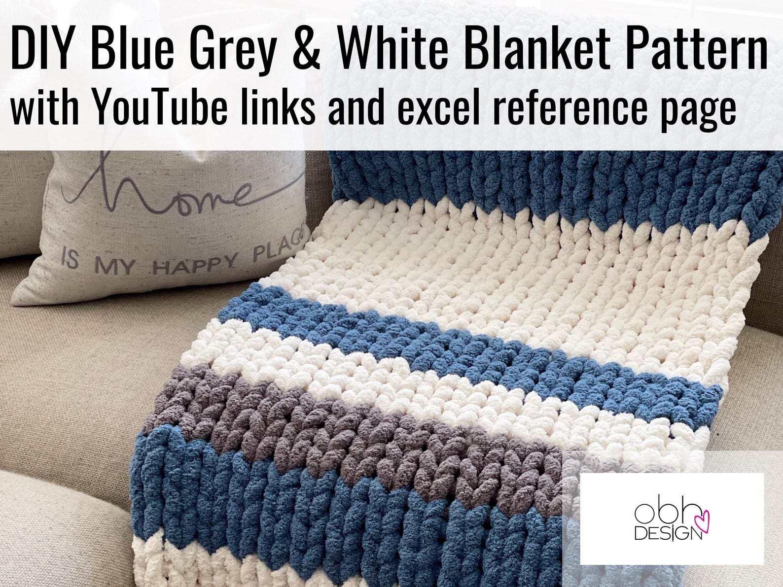 The Pablo - Blue, Grey and White Striped Chunky Chenille Blanket ...