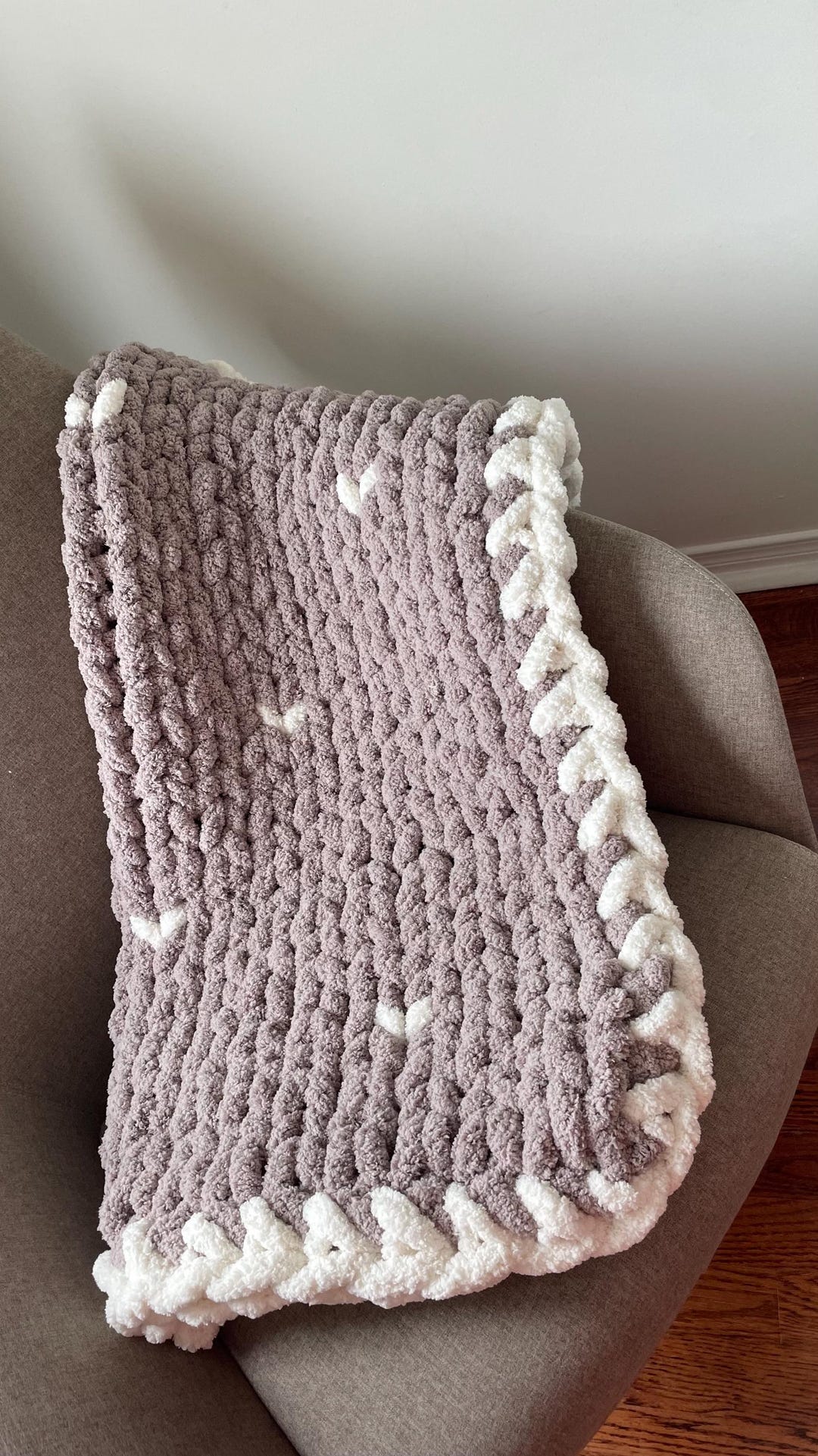 Chunky Chenille Baby Blanket Finger Knitting Pattern | Taupe Grey ...