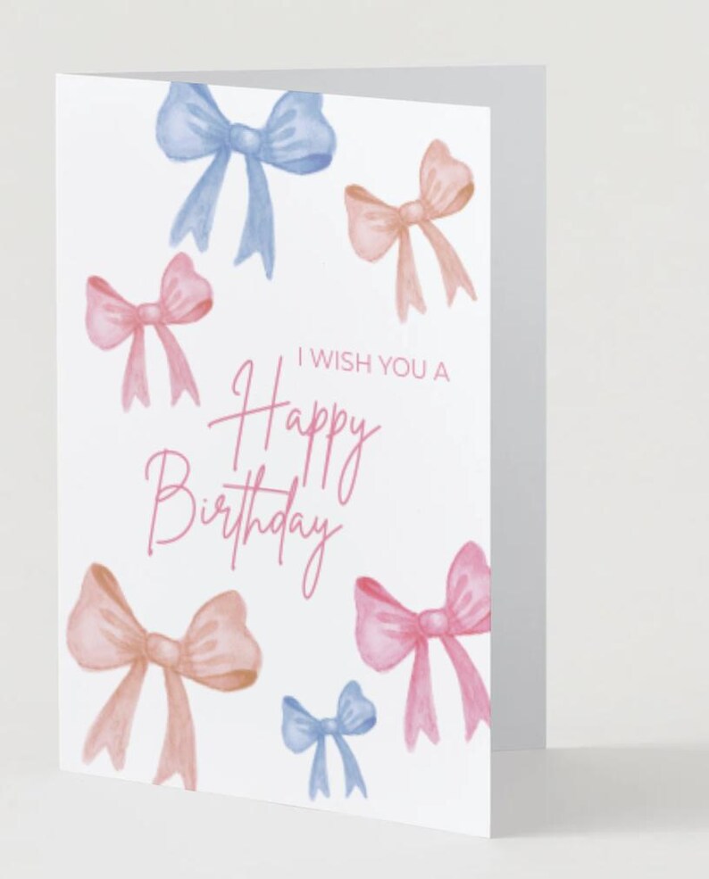 Bow Birthday Card Printable Digital Download Happy Birthday Card With