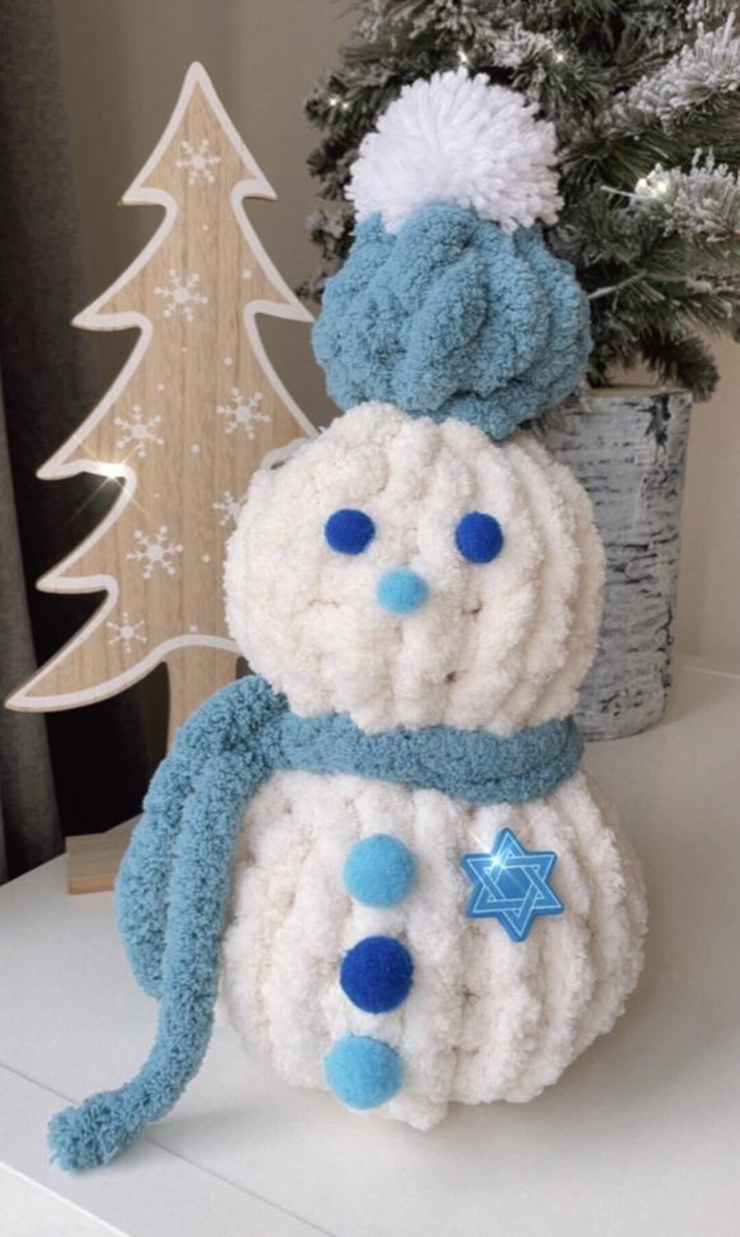 Cozy Chenille Snowman With Blue Hat - Hanukkah Snowman - Etsy