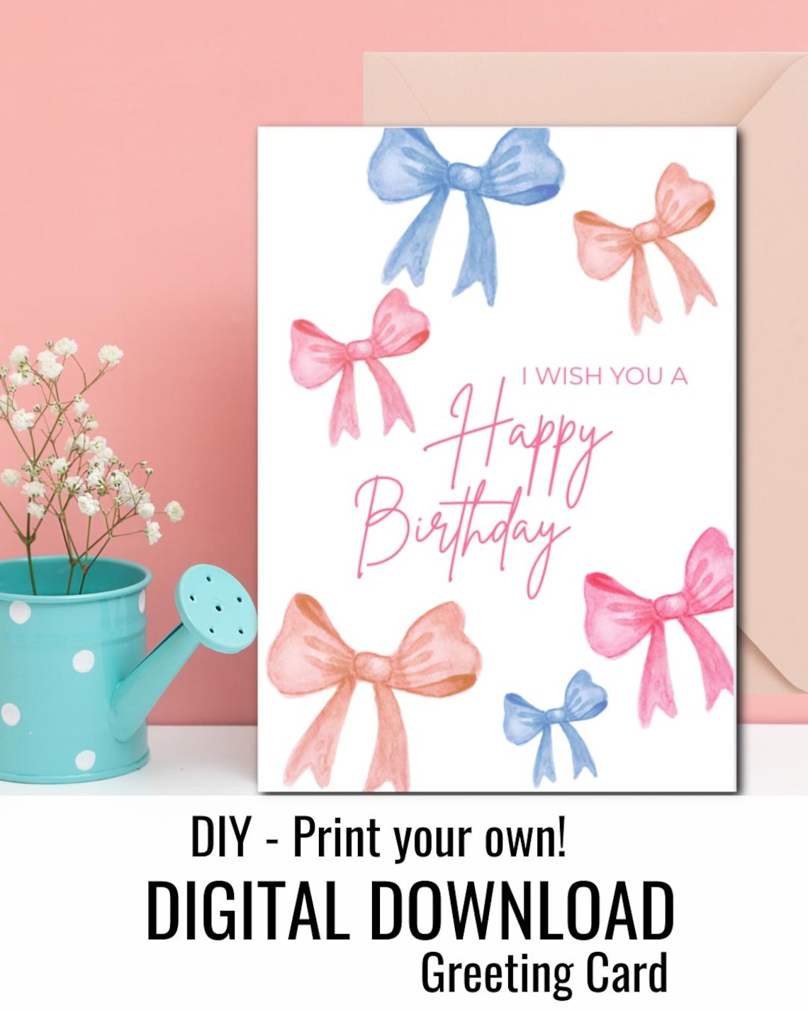Bow Birthday Card Printable | Digital Download Happy Birthday Card With ...