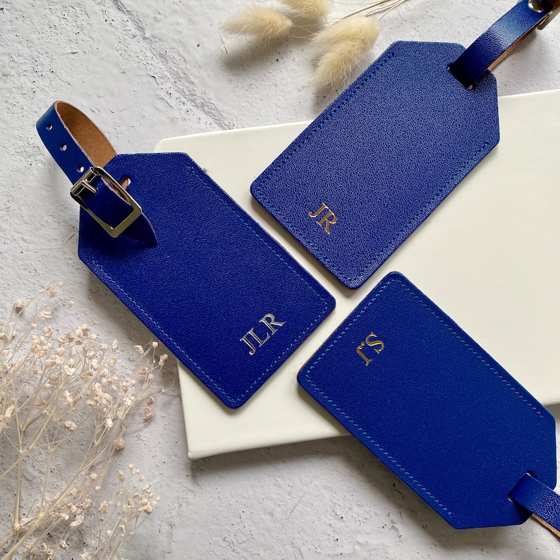 Personalised Luggage Tag, Blue Recycled Leather Baggage ID Label ...