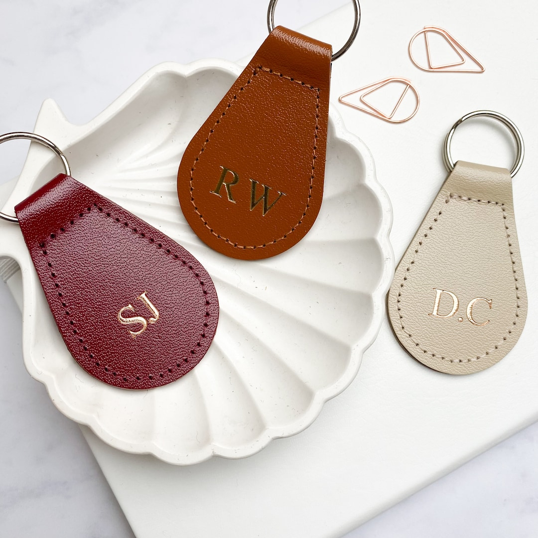 Personalised Leather Initials Keyring - Burgundy, Tan or Beige Monogram ...