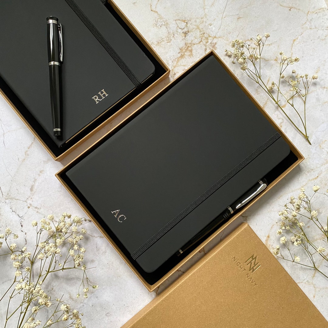 Notebook & Metal Pen Set, Personalised Boxed Gift, A5 Black Luxury ...