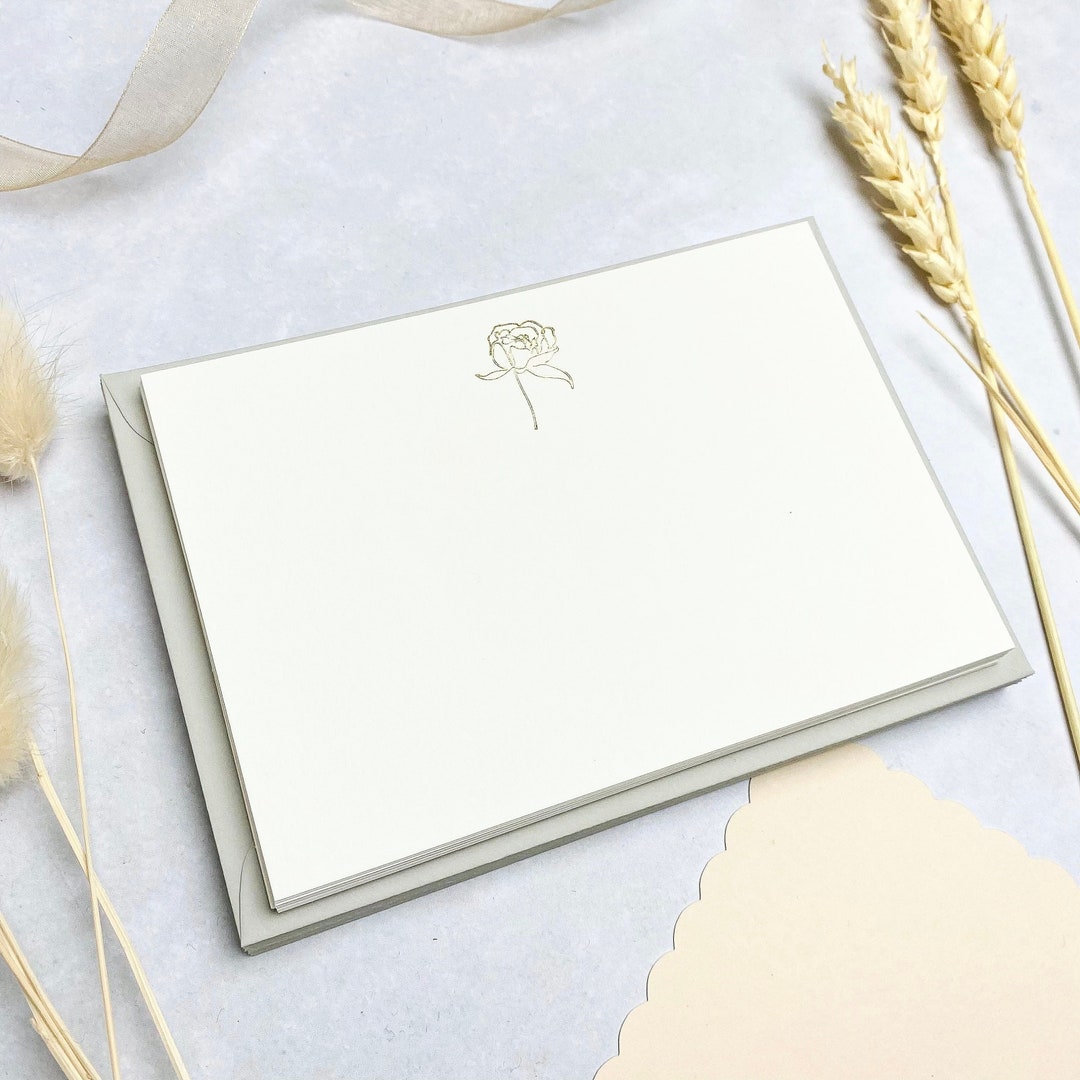 Flat A6 Notecards, Set of 10 With Envelopes and Floral Flower in Gold ...