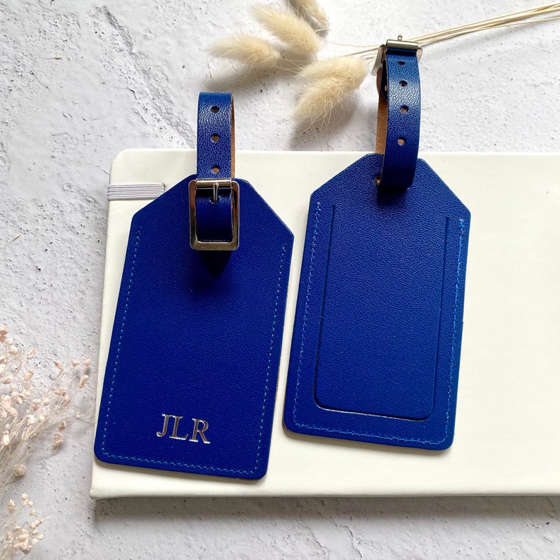 Personalised Luggage Tag, Blue Recycled Leather Baggage ID Label ...