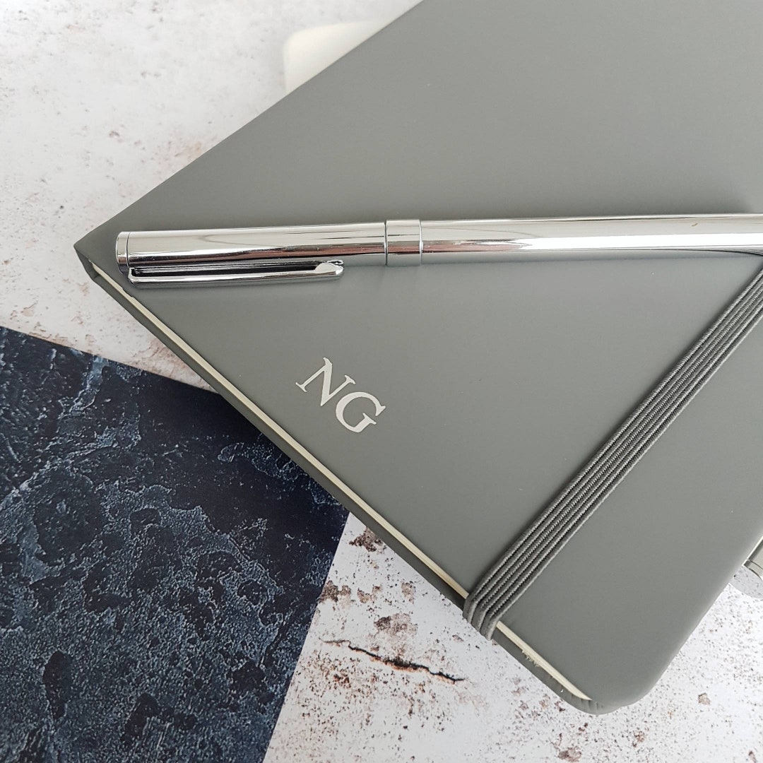 Personalised Grey Notebook & Metal Pen Set, A5 Lined Luxury Notebook ...