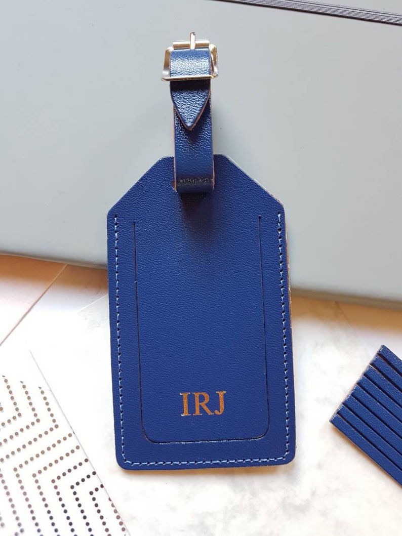 Personalised Luggage Tag, Blue Recycled Leather Baggage ID Label ...