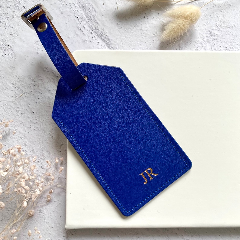 Personalised Luggage Tag, Blue Recycled Leather Baggage ID Label ...