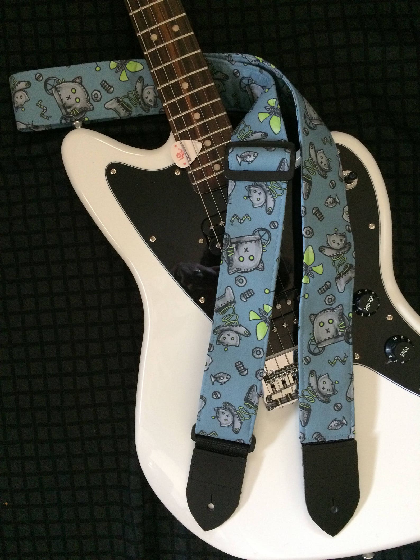 Robot cat guitar strap // grey steampunk cats on a blue-grey | Etsy