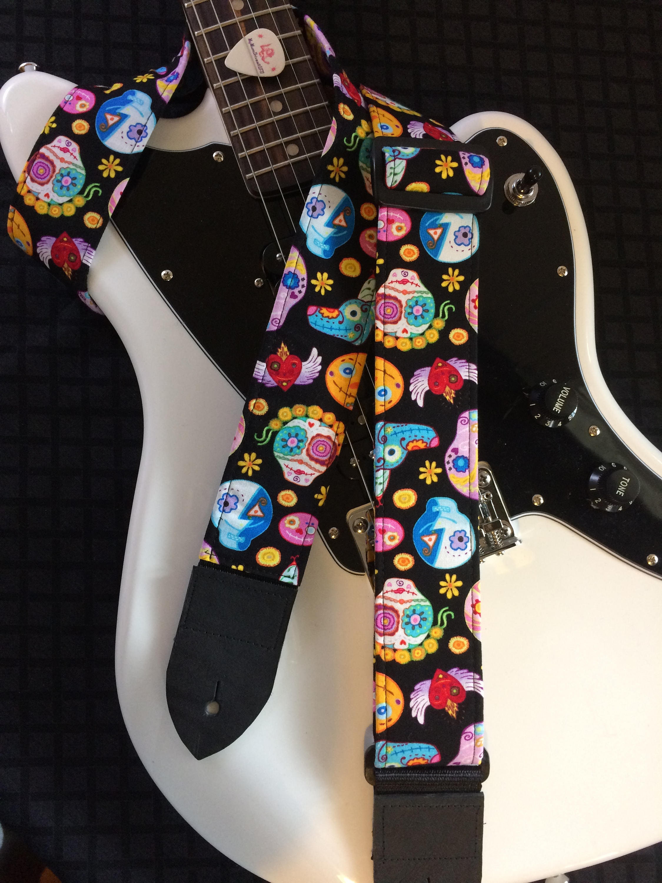Sugar Skulls Guitar Strap // Colourful Psychedelic Calaveras on Black ...