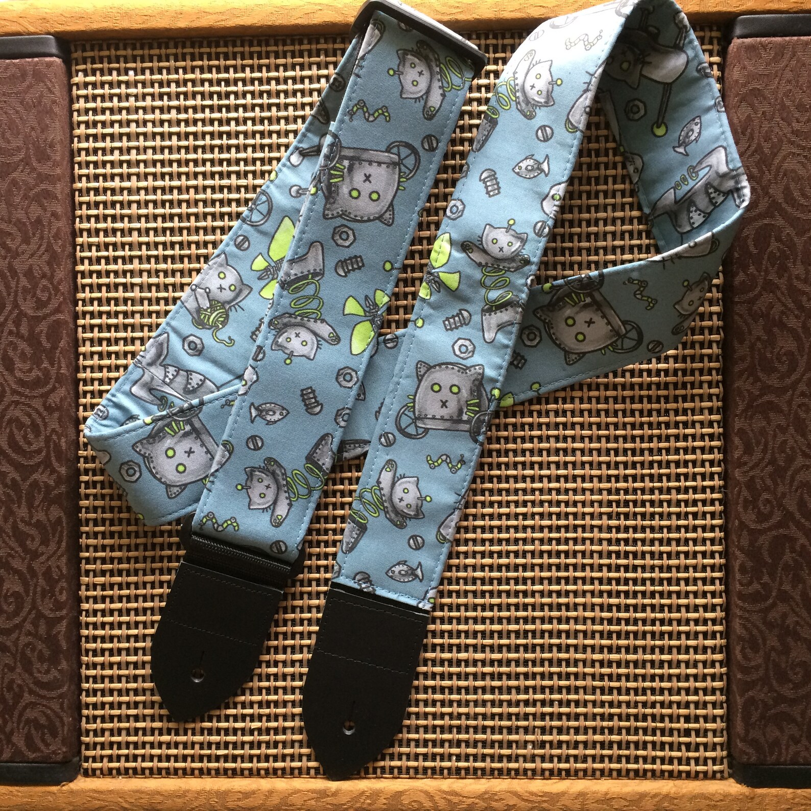 Robot cat guitar strap // grey steampunk cats on a blue-grey | Etsy
