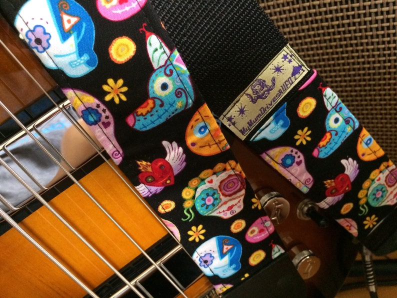 Sugar Skulls Guitar Strap // Colourful Psychedelic Calaveras on Black ...
