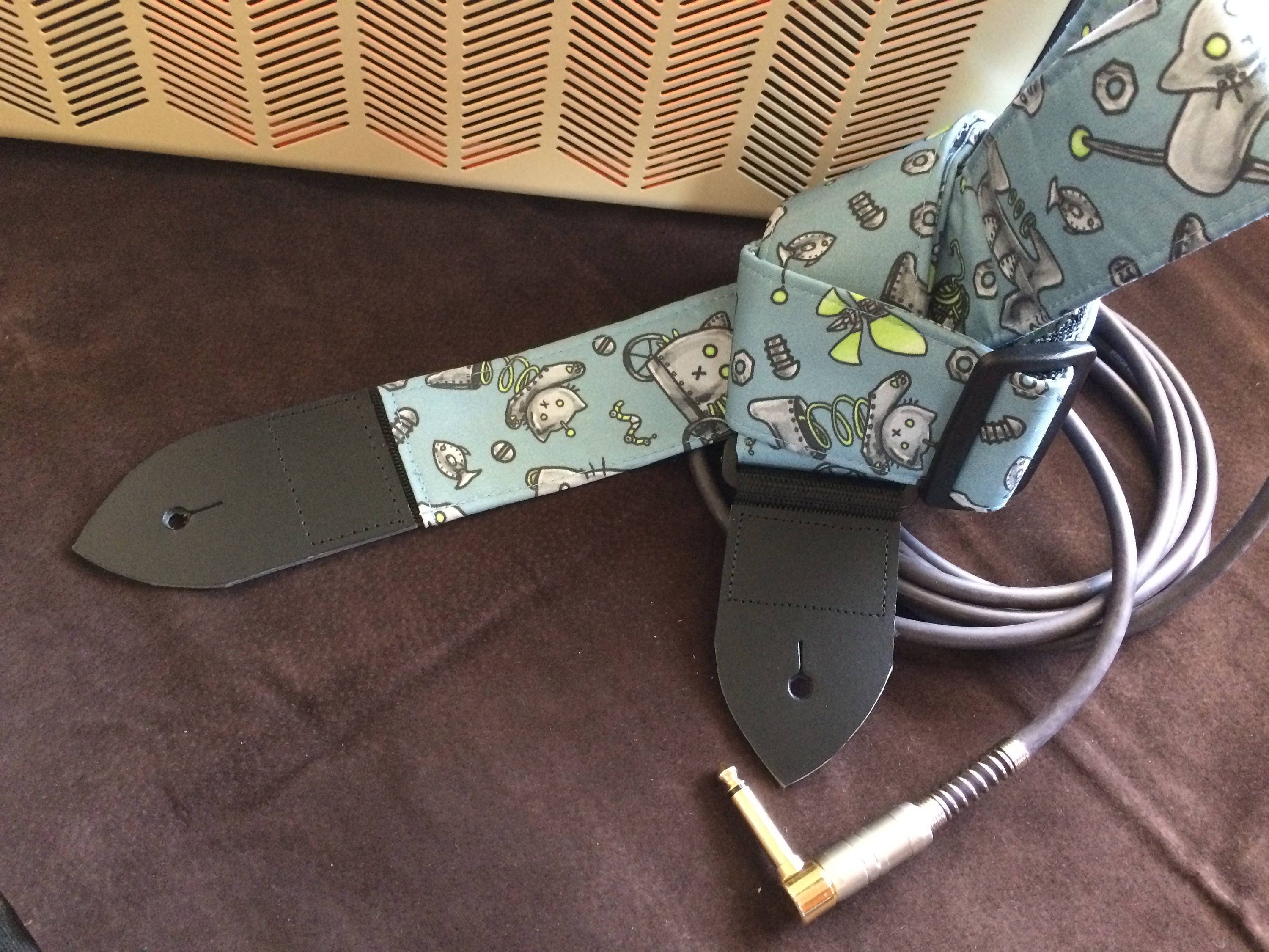 Robot cat guitar strap // grey steampunk cats on a blue-grey | Etsy