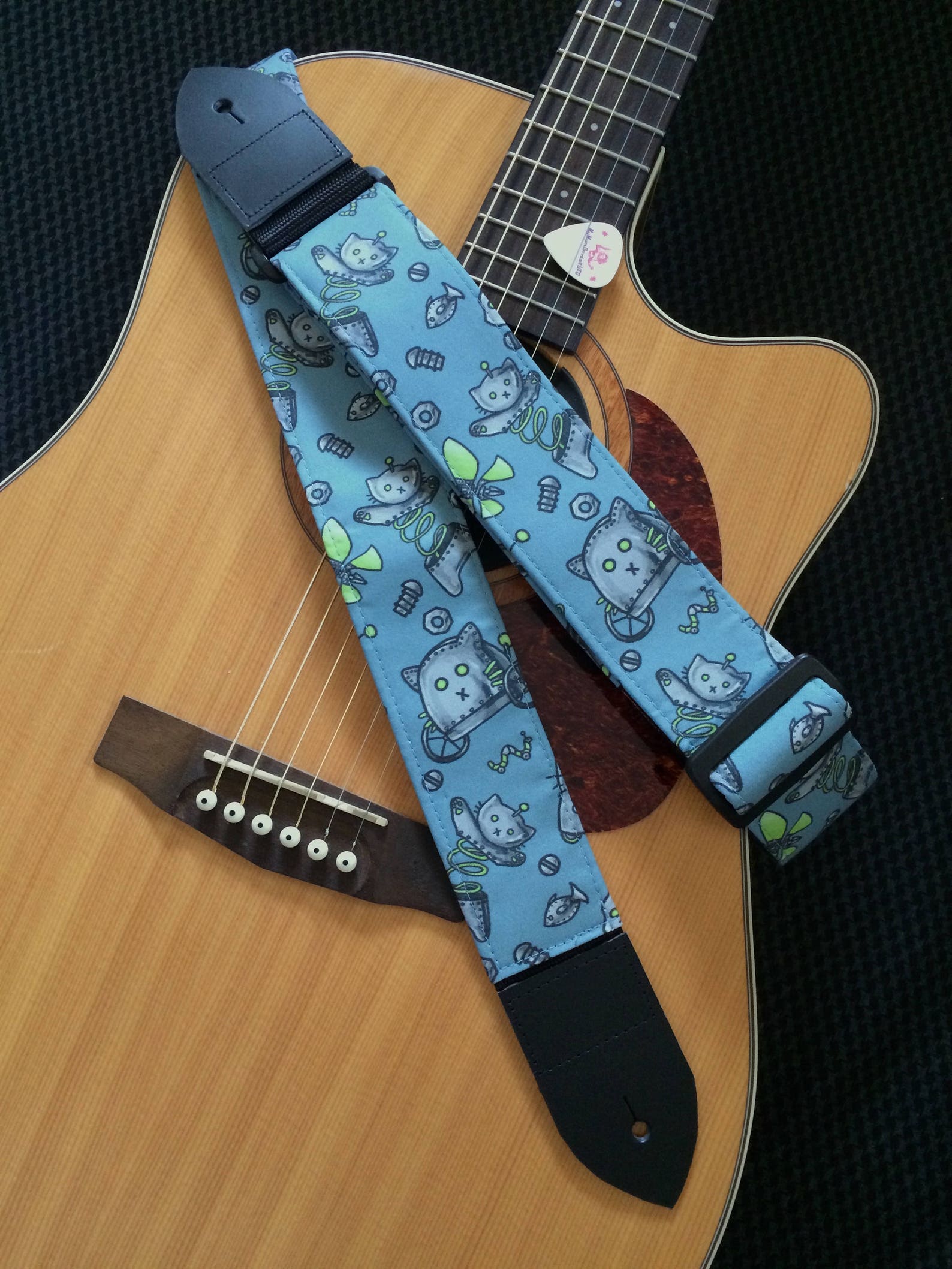 Robot cat guitar strap // grey steampunk cats on a blue-grey | Etsy