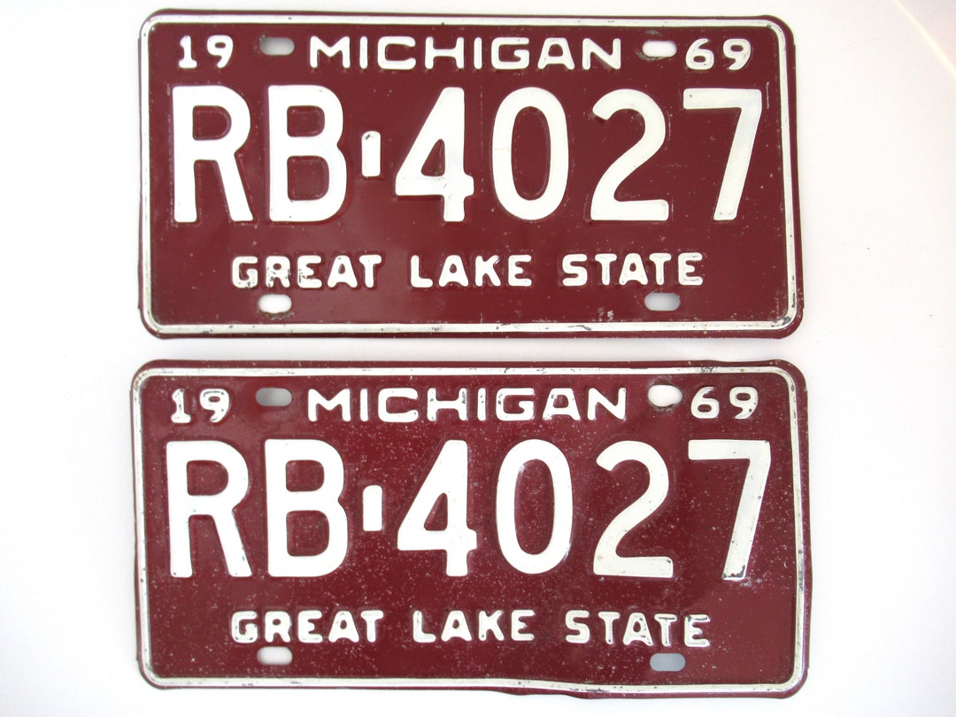 1969 Michigan Great Lake State License Plate Set, RB-4027, Red White ...