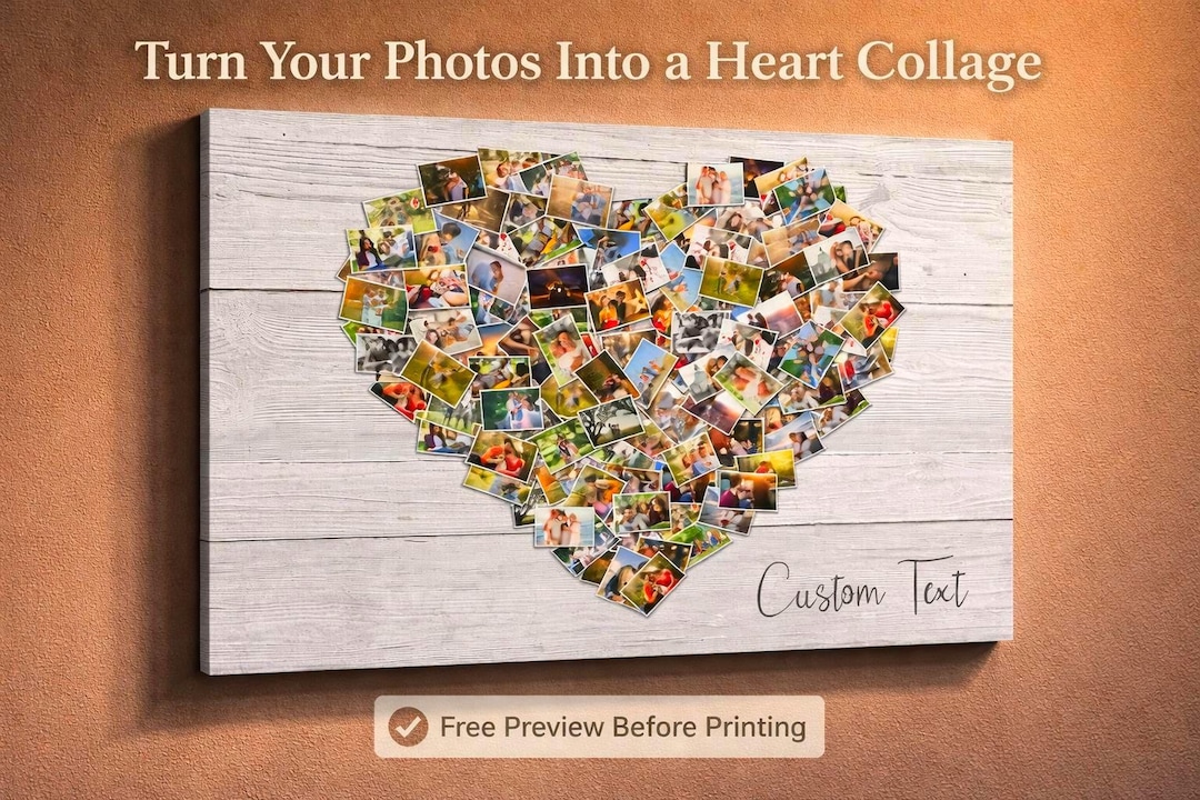 Family Photo Heart Collage: Personalized Canvas Print, Wood Effect - Etsy