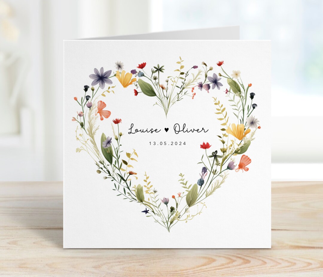 Personalised Floral Wedding Card Wedding Gift Wild Flowers Heart Wreath ...