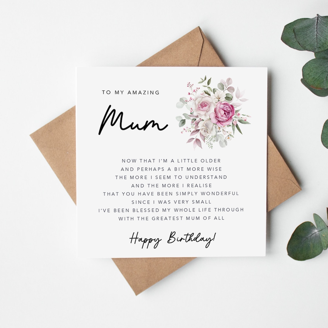 Mum Birthday Card With Verse/poem Happy Birthday Mum Pink and Burgundy ...