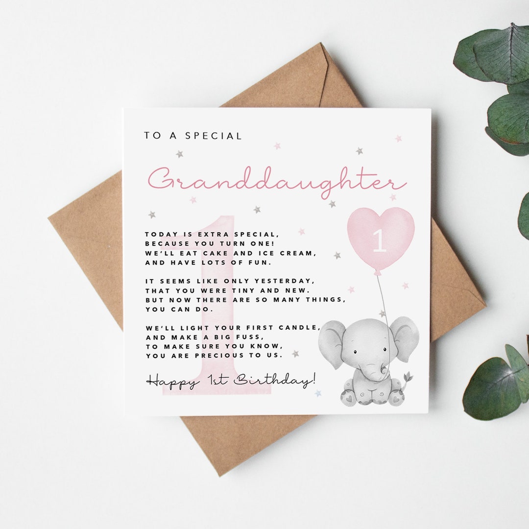 Granddaughter 1st Birthday Card With Poem/verse - Pink Elephant - Card ...