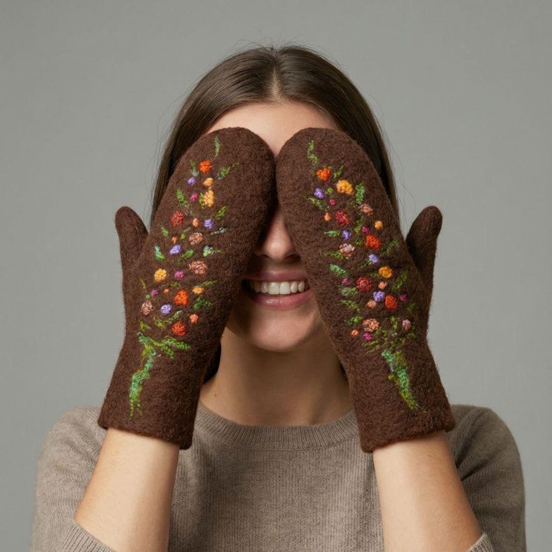 Felted Merino Wool Mittens: Brown Gloves With Silk Flowers - Etsy