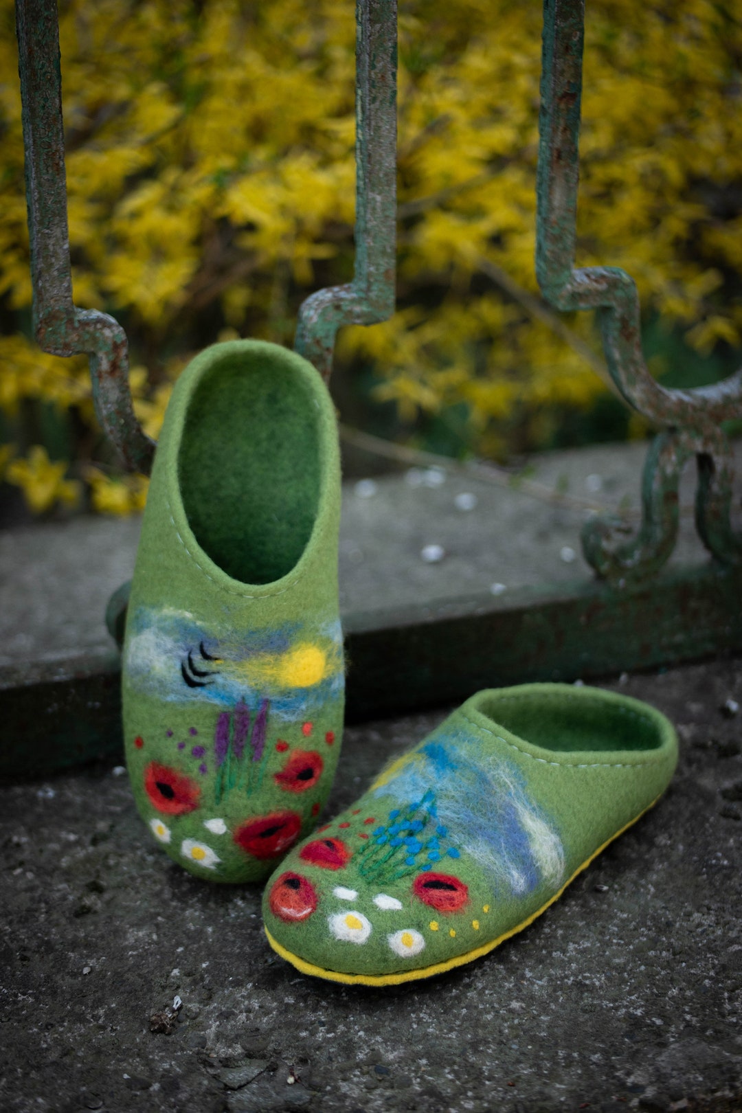 Cute Custom Felted Wool Slippers Floral Green House Slippers Women 80th Birthday T For Her