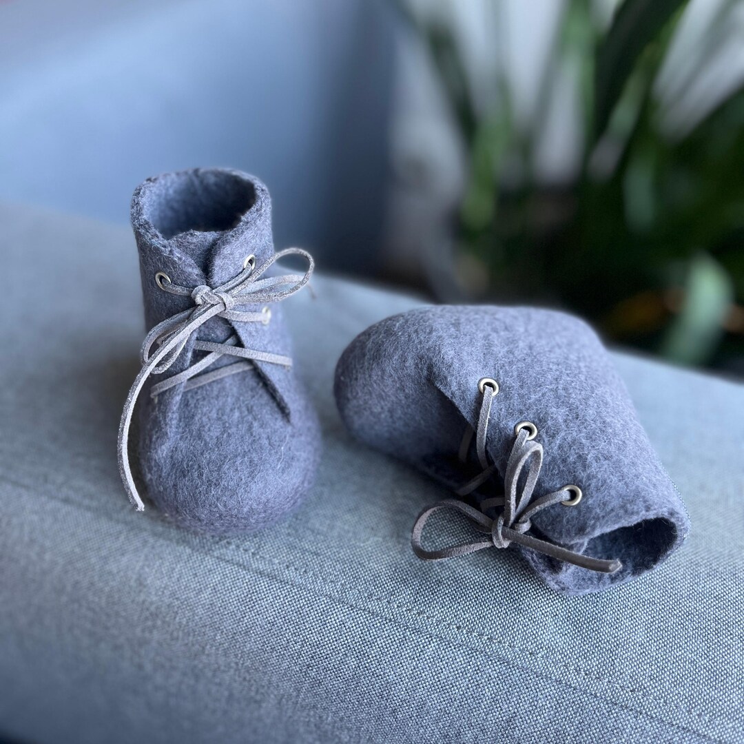 Handmade Merino Wool Felted Baby Booties: Gray Laced Newborn Shoes - Etsy