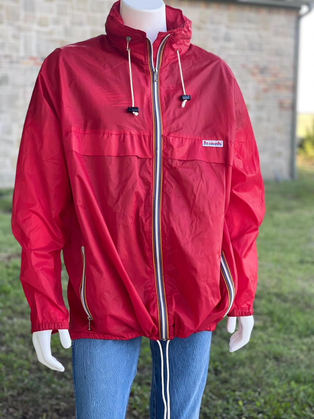 Vintage Red Nylon Windbreaker: 70s Rainbow Accents, Bermuda XXL - Etsy