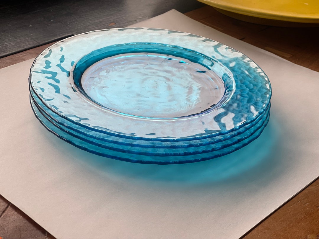 Vintage Turquoise Blue Glass Plates, Brutalist Dishes, Pressed Glass ...