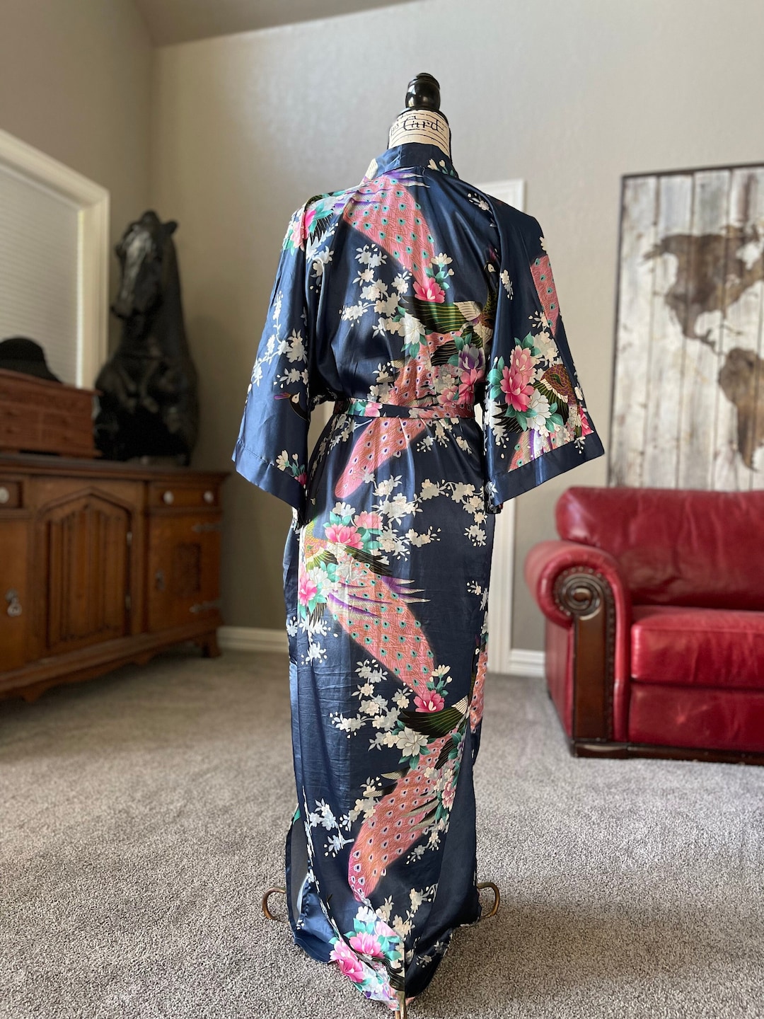 Boho Kimono Robe, Floral Asian Pattern, Old Hollywood Dressing Gown ...