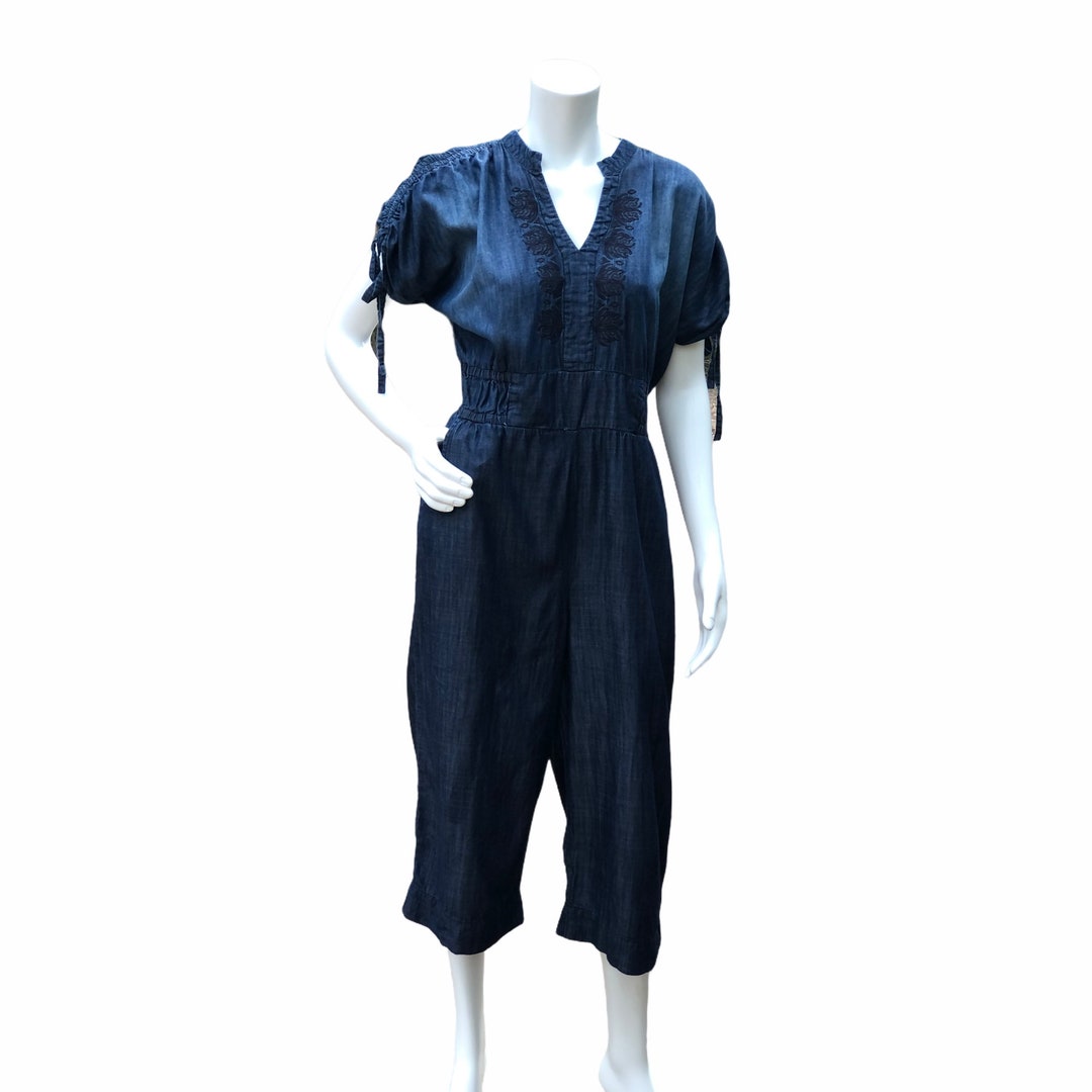 Vintage Denim Jumpsuit: Dark Wash Boho Coveralls With Black Embroidery ...