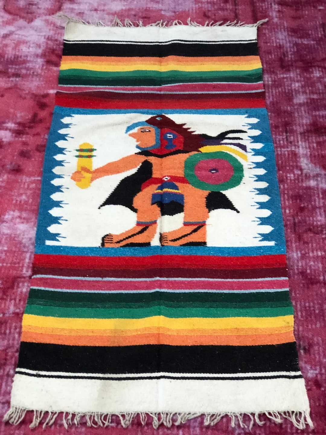 Vintage Mayan Tapestry, Bright Colors Woven Runner Rug, God Priest ...