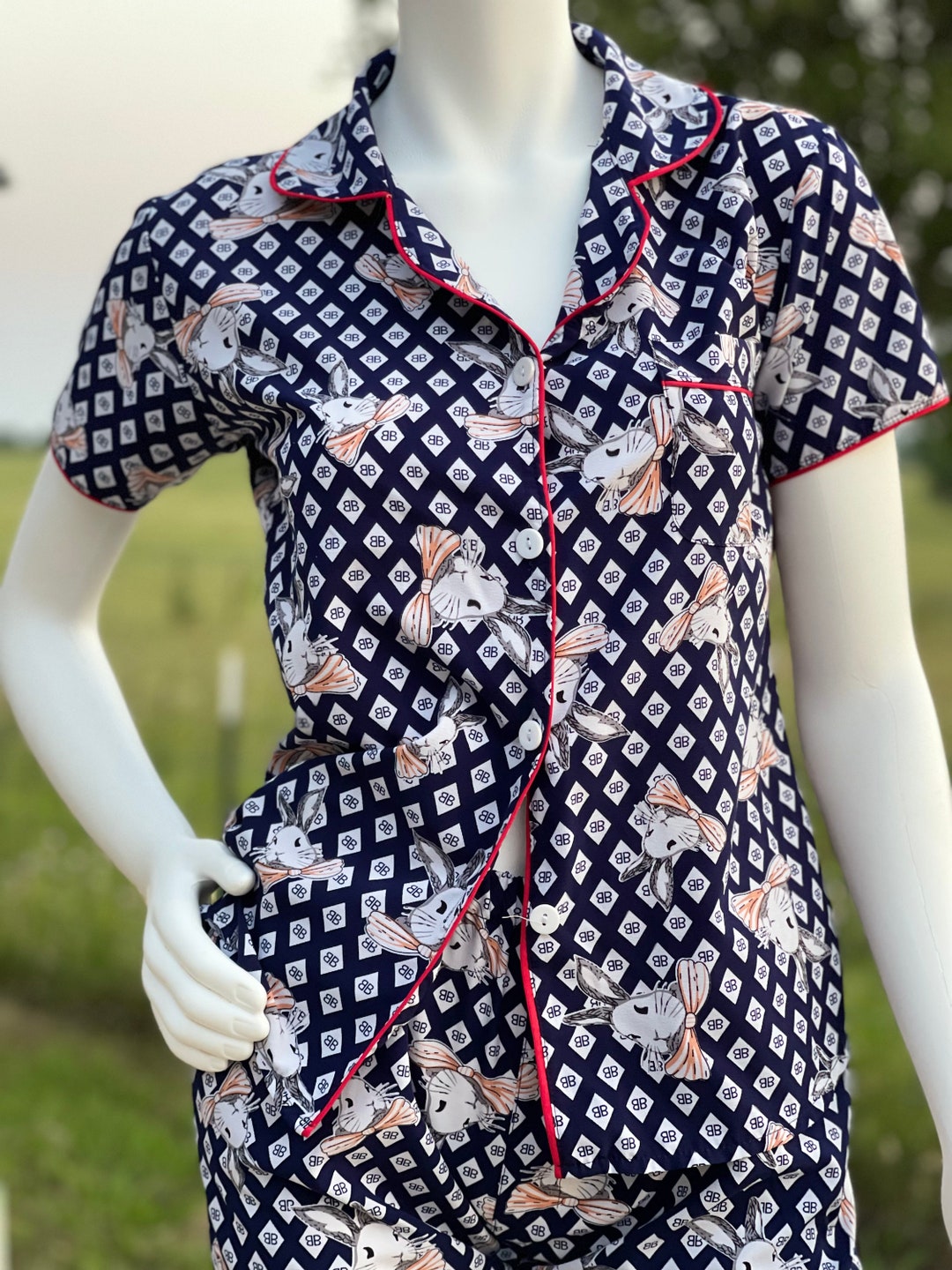 Bunny Rabbit Pajama Set, Navy Background With Red Accents, Asian Style ...