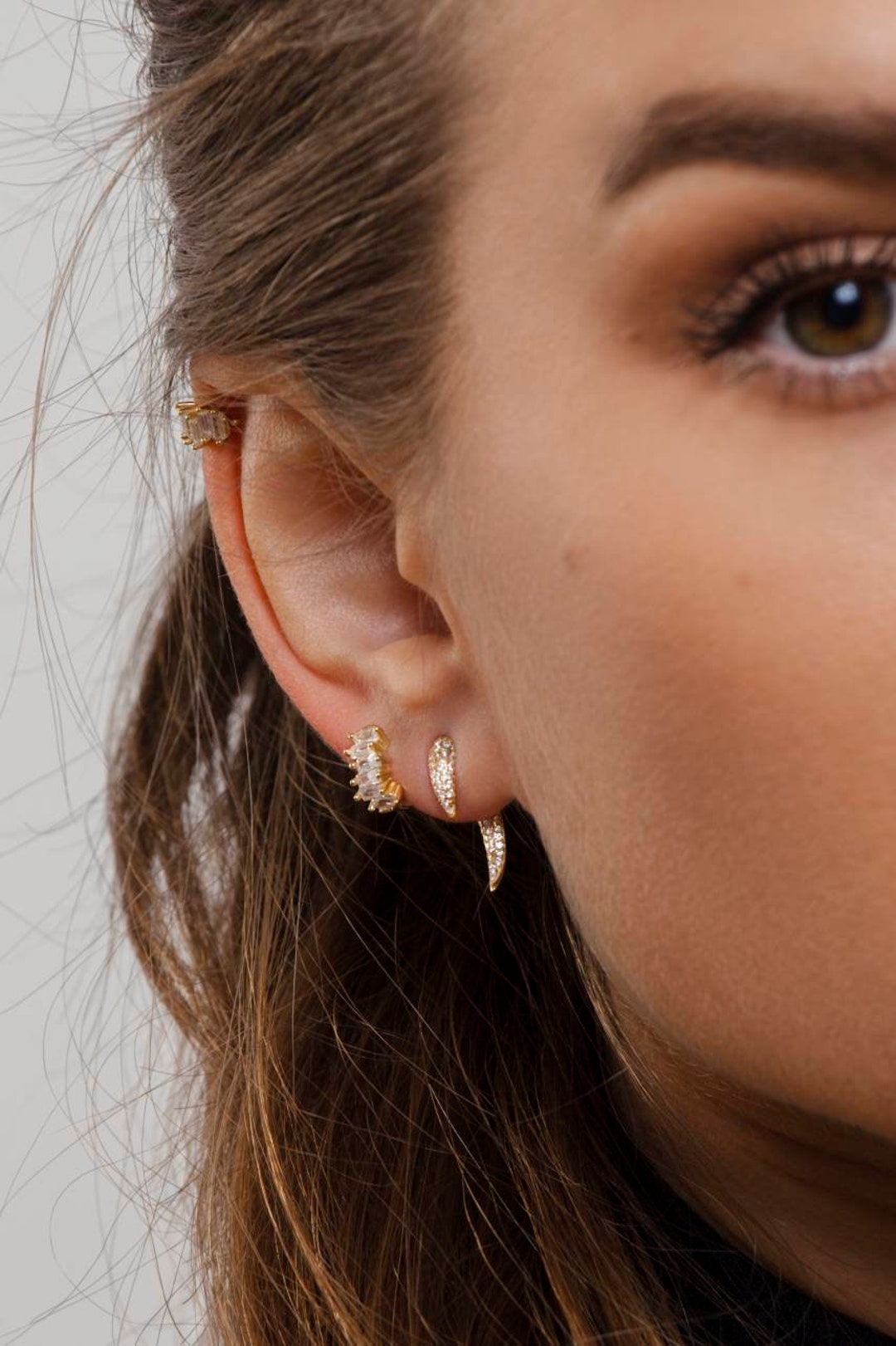 Ear Jacket Sterling Silver Gold Earrings, Spike Earrings, Horn Talon ...