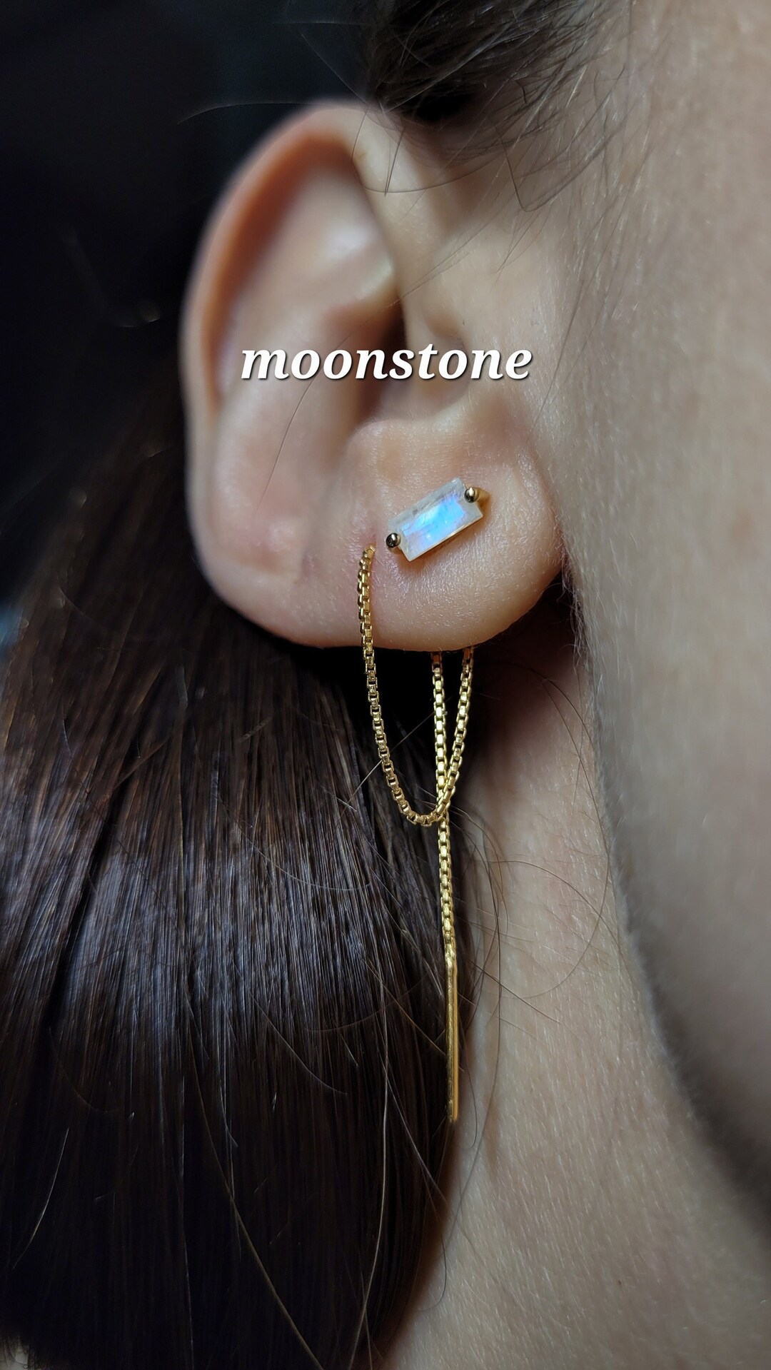 Baguette Natural Moonstone Silver Gold Threader Dangle Earrings, Long Chain Cartilage Minimalist ...