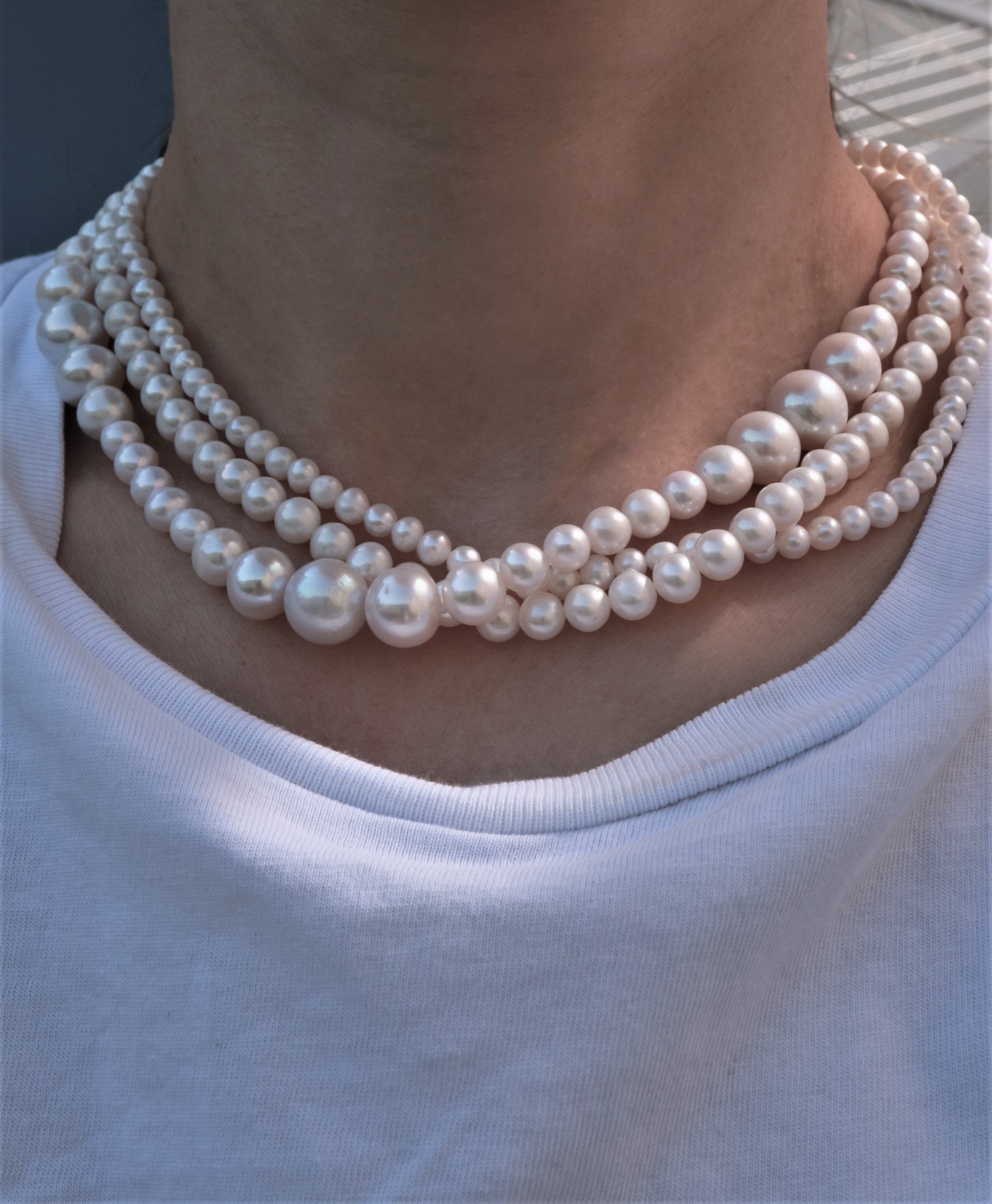 Triple 3 Rows Pearl Choker Necklace, Twisted Pearls Bridal Necklace ...