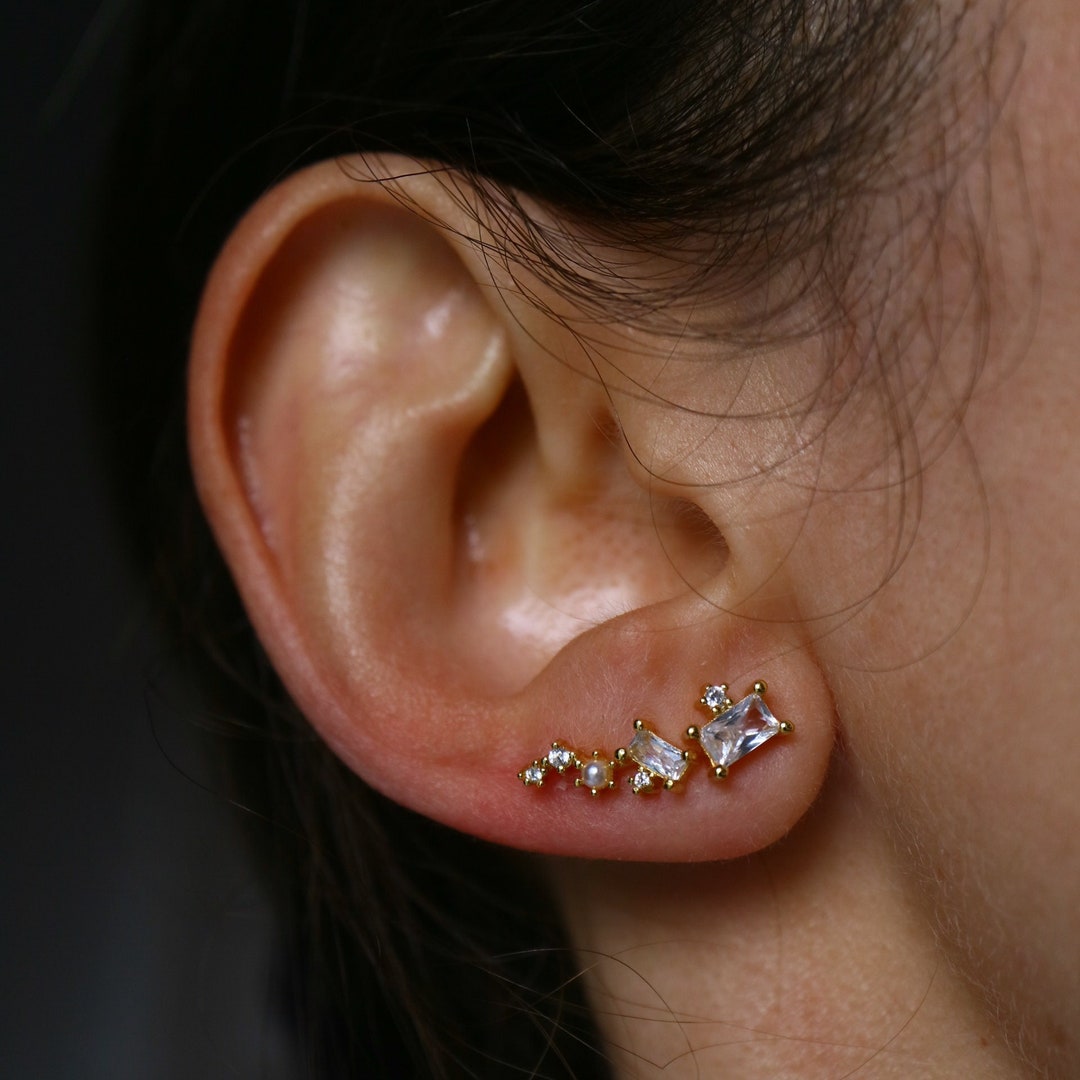 Mismatched Stud Earring Set, Dainty Climber Crawler, Tiny Silver ...