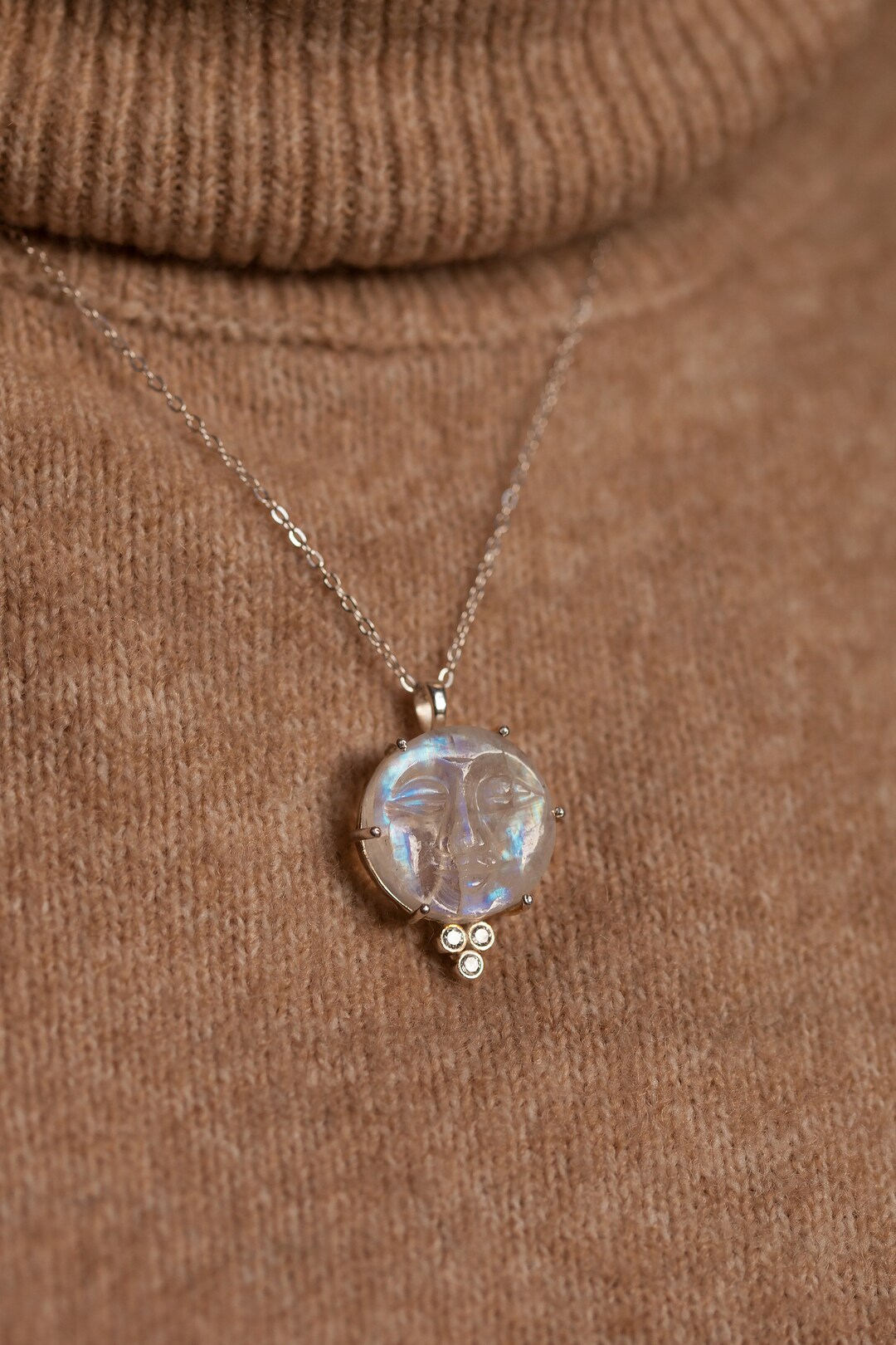 Moonstone Moon Sterling Silver Necklace, Man in the Moon Charm Pendant ...